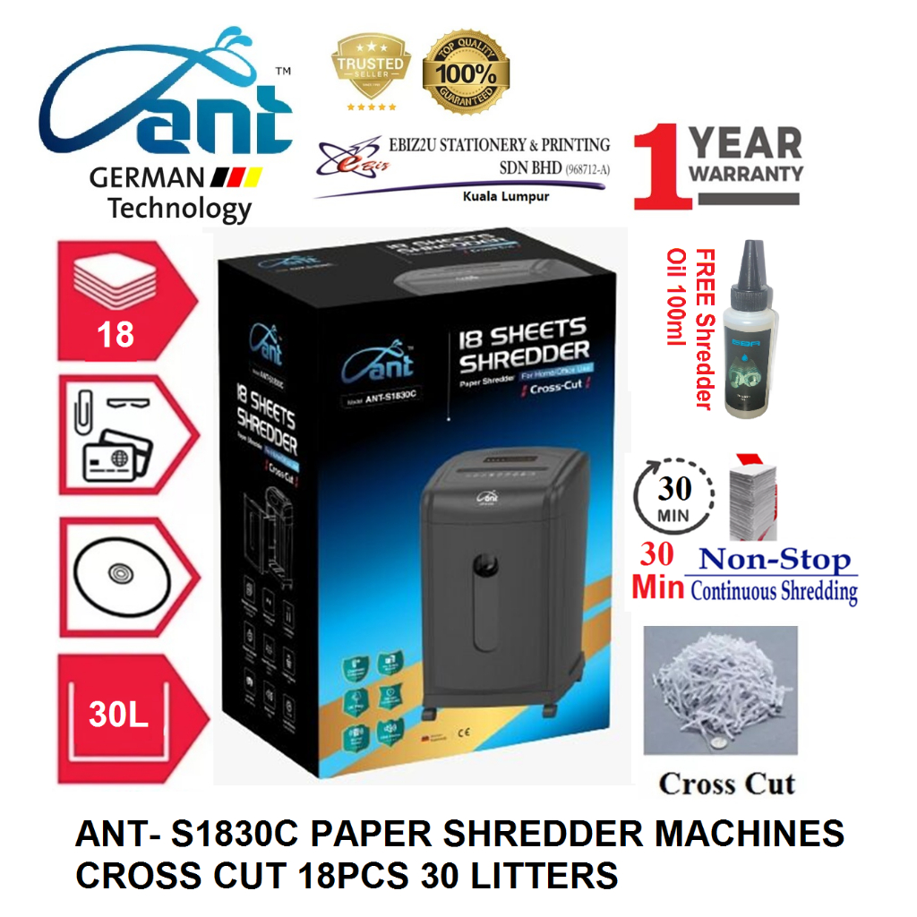 ANT- S1830C PAPER SHREDDER MACHINES CROSS CUT 18PCS 30 LITTERS WITH 1 ...