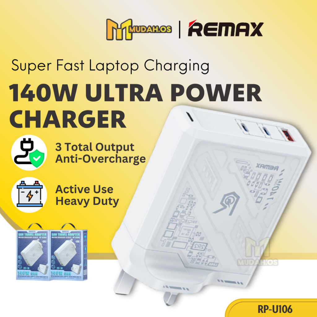 REMAX 140W Fast Charging GaN Adapter MDRPU106 100W Type C Laptop ...