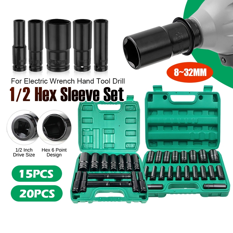 20PCS 1/2 Inch Long Impact Socket Set Black Deep Box Set Tool Set 8mm ...