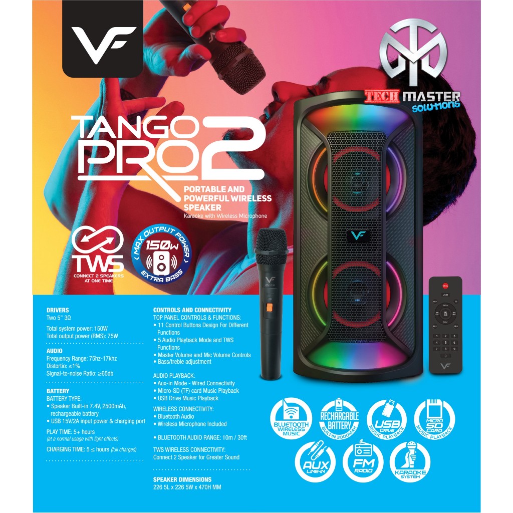 Vinnfier VF Tango Pro 2 150W Max Karaoke Potable Bluetooth Speaker with 1 Wireless Microphone ...