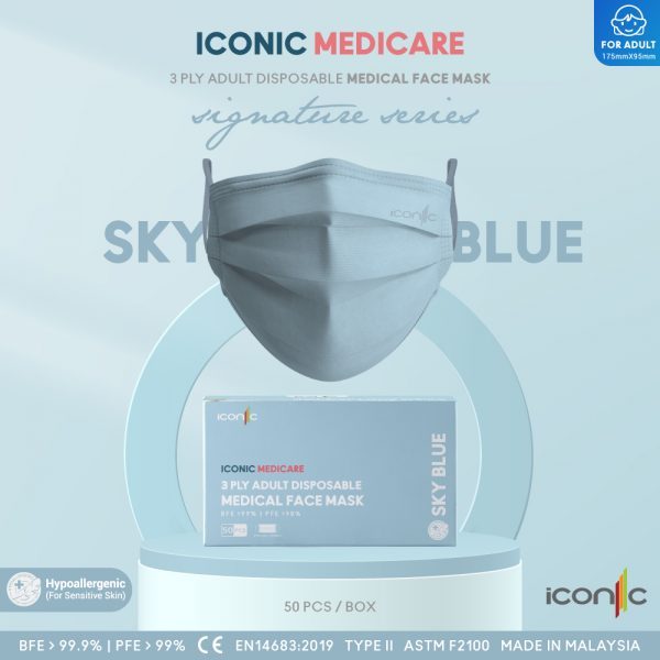 ICONIC ADULT PLAIN 3 PLY MASK / SIGNATURE SKY BLUE 3 PLY MEDICAL ...