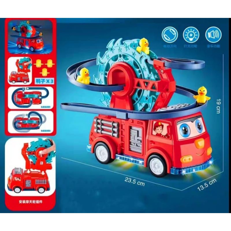 NEW FIRE RAIL CAR DUCK SWIVEL SLIDE TOY WITH LIGHTING AND SOUND ...