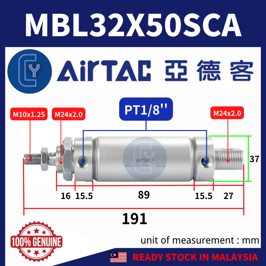 AirTAC MBL Series MBL20/25/32/40 Pneumatic Air Cylinder Aluminum Barrel ...