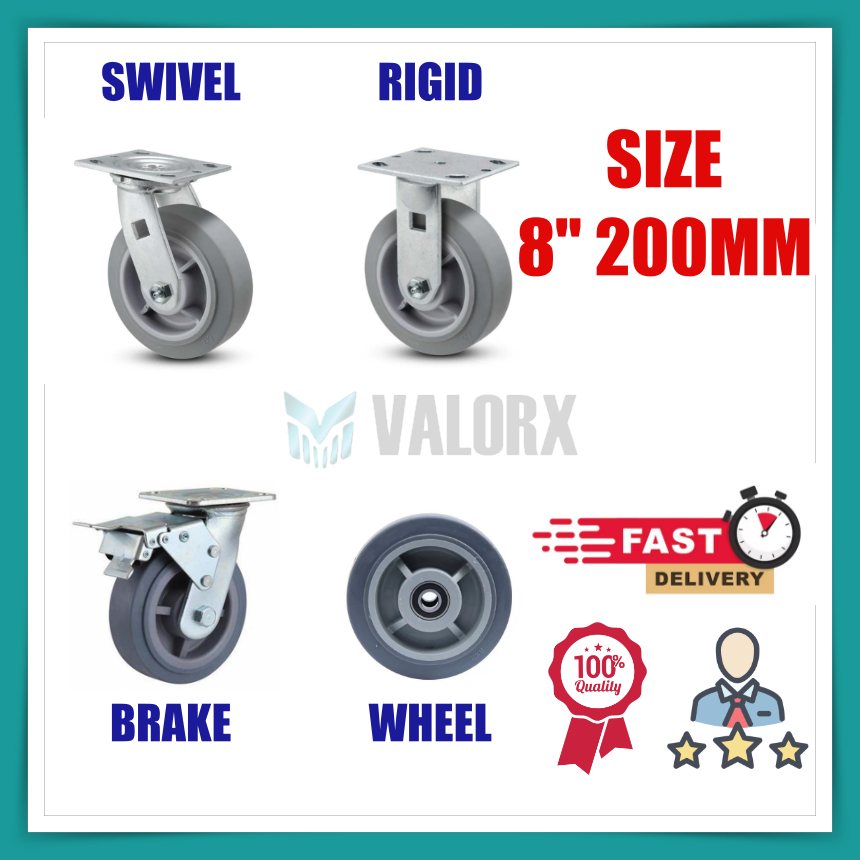 VALORX : HEAVY DUTY 8 INCHES CASTOR WHEEL TPR GREY ELASTIC RUBBER RODA ...