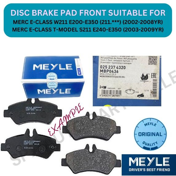 MEYLE GENUINE DISC BRAKE PAD (FRONT) FOR MERC E200 E220 E230 E240 E270 E280 E300 E320 E350 [W211 ...
