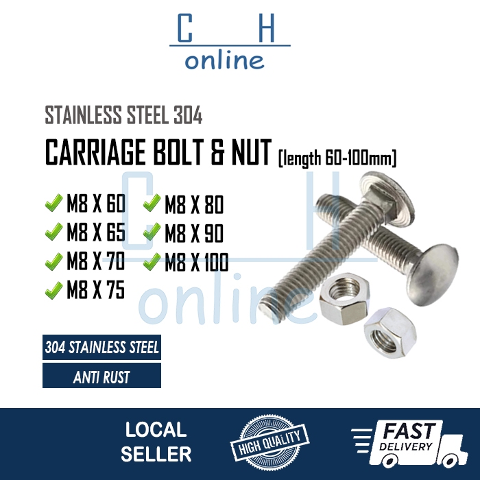 M8 SUS304 Carriage Bolt & Nut 60-100mm / Stainless Steel SUS 304 Coach ...