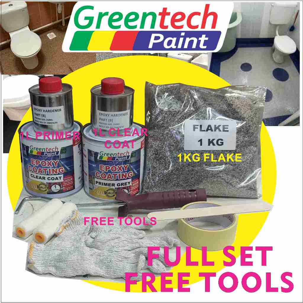 FULL SET ( GREENTECH ) Epoxy Colour Flake Coating Toilet Floor Tile Waterproof (FREE TOOL/1L ...
