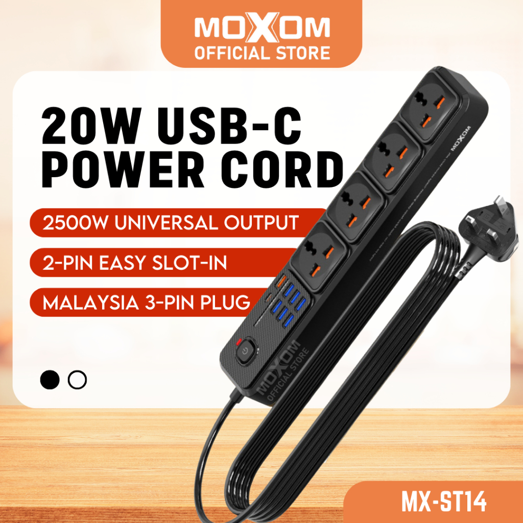 MOXOM Universal Socket 2Meter Travel Power Strip 20W Fast Charging Wall ...