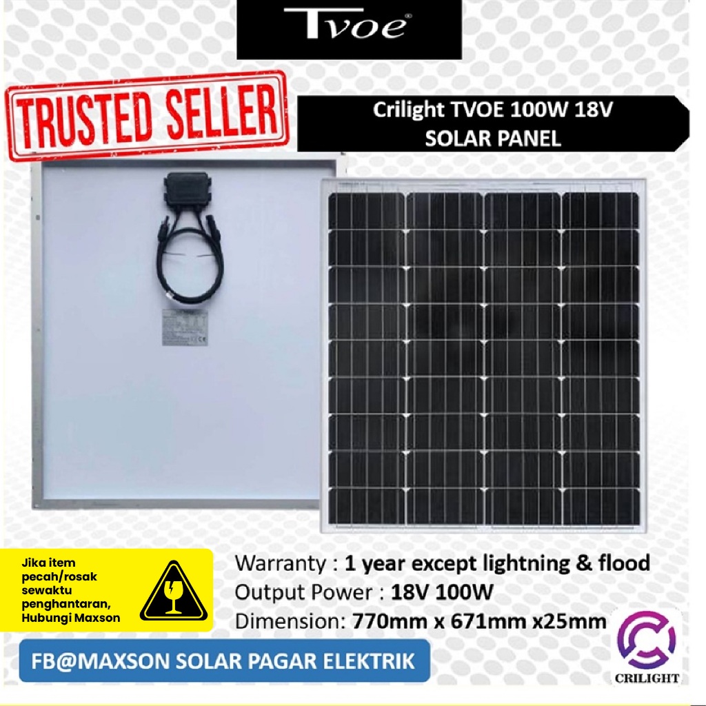 Crilight TVOE Monocystalline Solar Panel 100w 18v Solar Panel Pagar ...