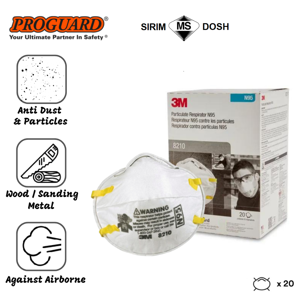 20 Pieces 3M™ 8210 N95 Particulate Respirator c/w Cushioning Nose Foam NIOSH Approved Prevent ...