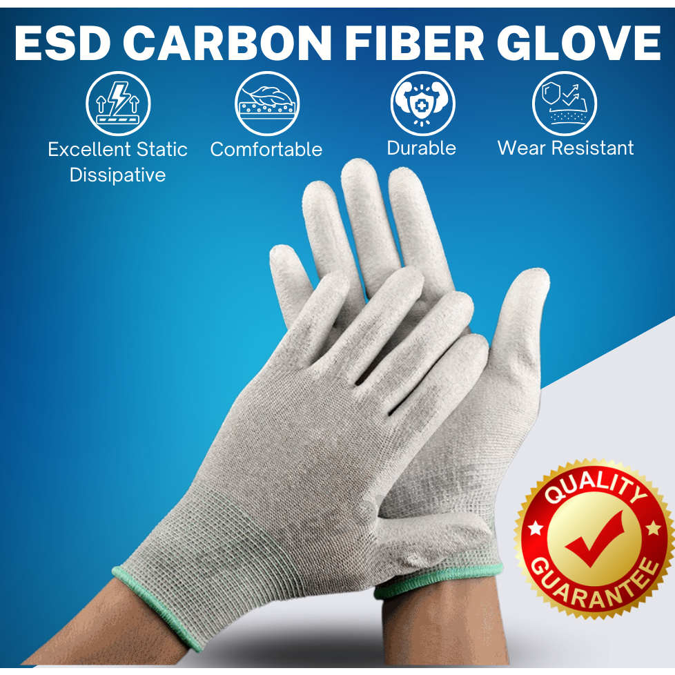 [ORIGINAL] ESD Carbon Fiber PU Palm Coated Glove - Grey (1 Pair) 防静电手套 Antistatic Sarung Tangan ...