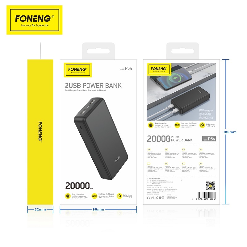 Foneng P54 20000MAH POWER BANK (2.1A & 2 OUTPUTS) | Shopee Malaysia