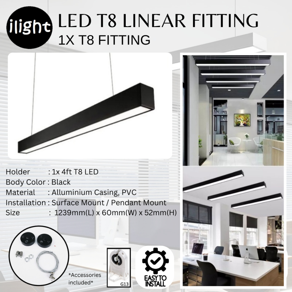 LED T8 LINEAR CASING SINGLE DOUBLE FITTING OFFICE LIGHT HANGING PENDANT ...