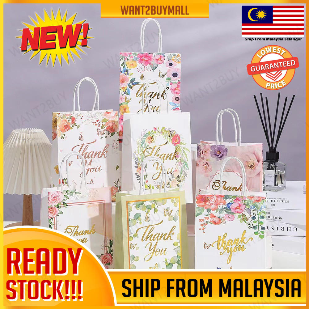 🇲🇾 New THANK YOU Printed Flower Love Door Gift White Paper Bag With Handle Wedding Kahwin Hadiah ...