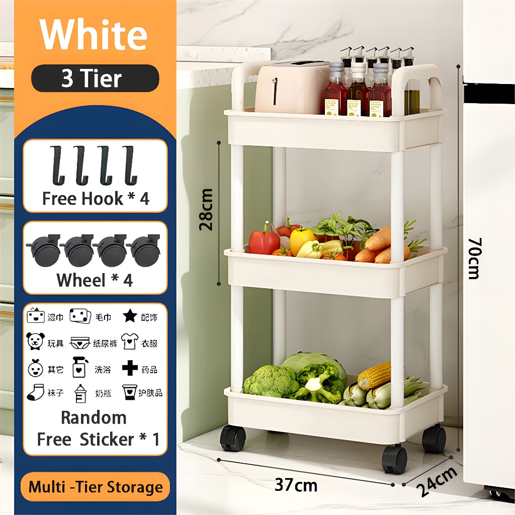 3 Tier Trolley Living Room Kitchen Trolley Storage Rack With Wheel ...