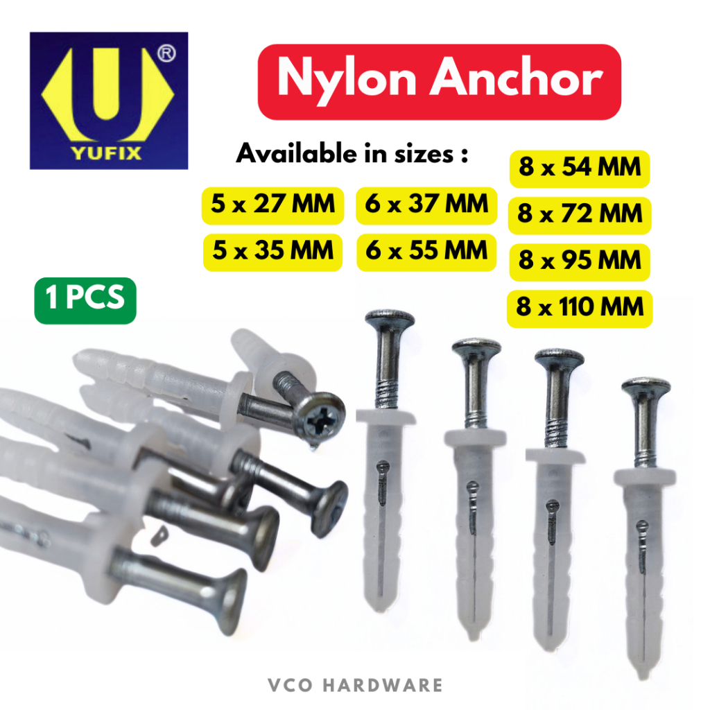 [1 PCS] Yufix Nylon Anchor/Wall Plug PVC with Screw/Nylon Plug Nail ...