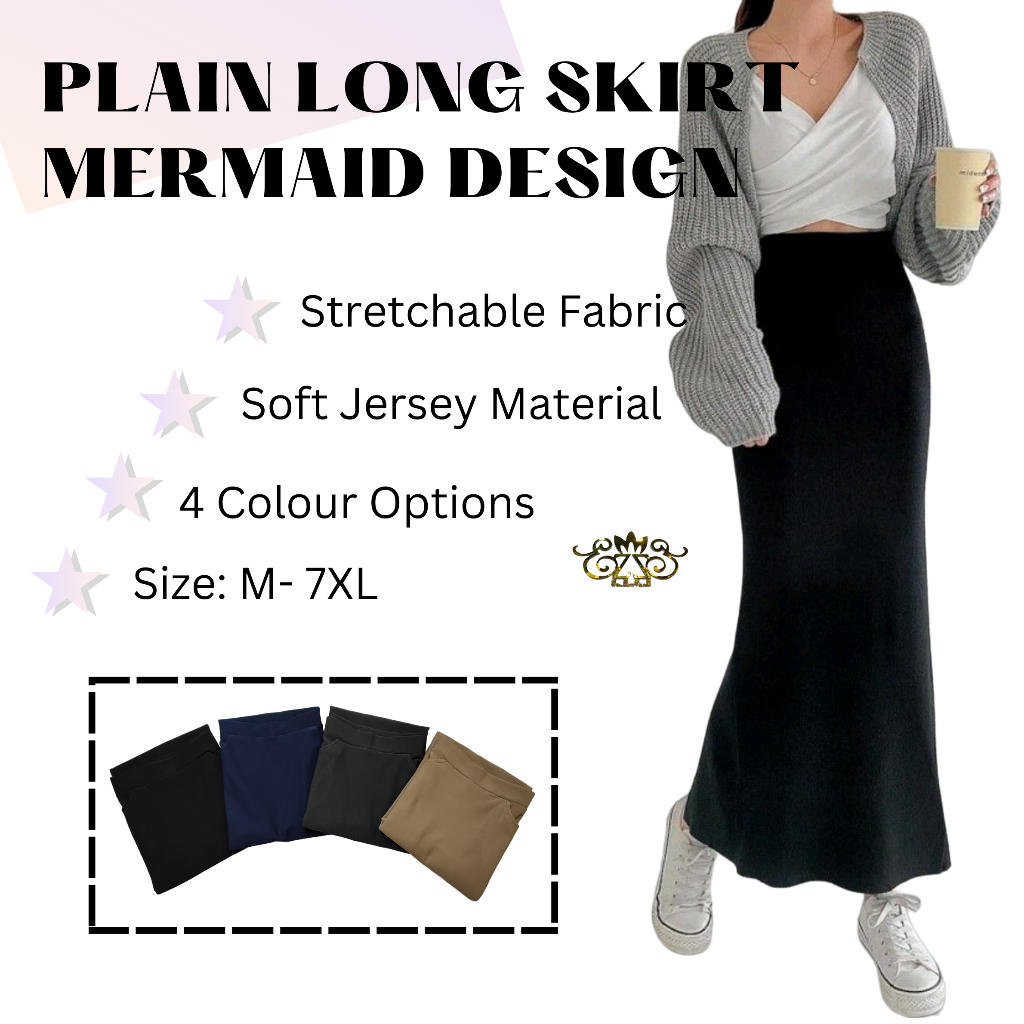 EZZE Ladies Plain Stretchable Mermaid Fishtail Muslimah Long Skirt Kain ...