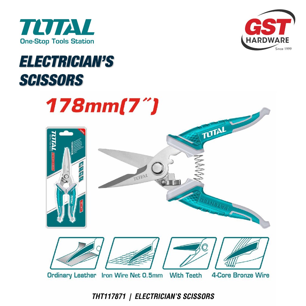 TOTAL Electrician’s Scissors (7" / 8"), with Teeth, Bronze Wire, Iron ...