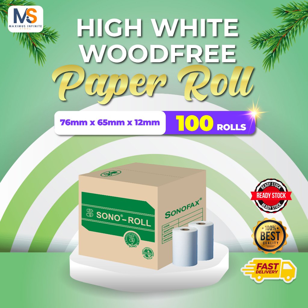 76mm x 65mm x 12mm - 100 Rolls/Box / SONO-ROLL Woodfree Paper Roll ...