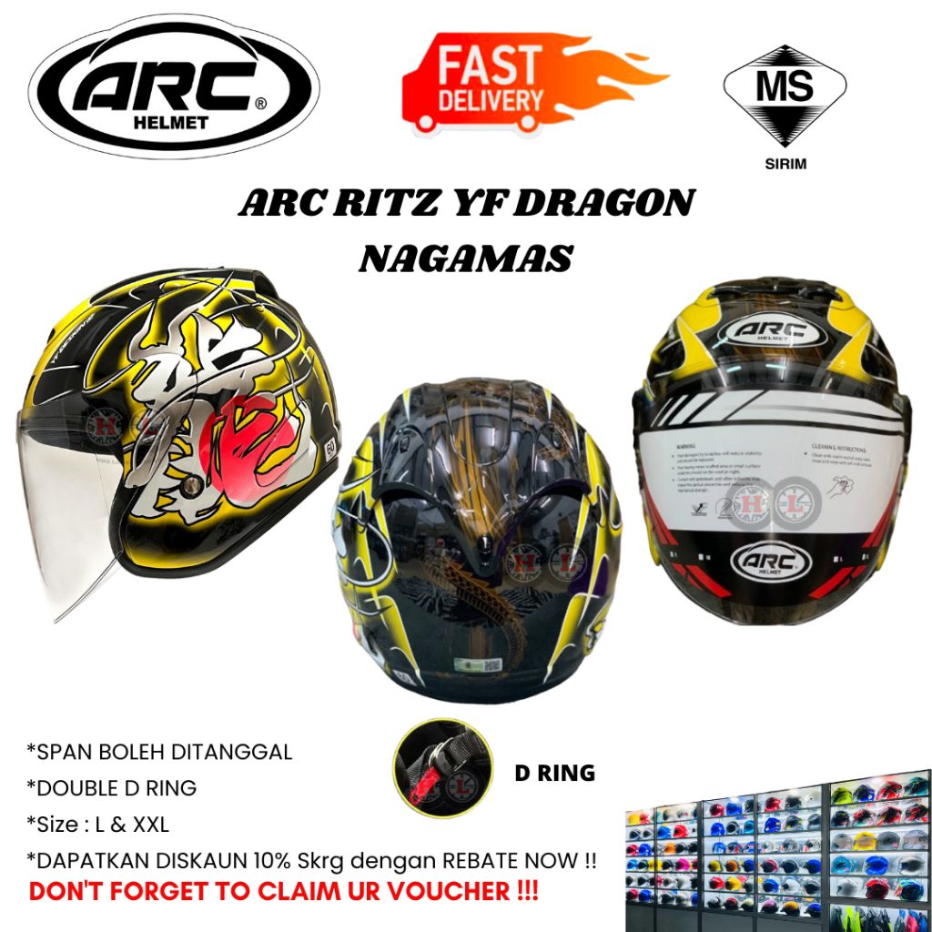 ARC RITZ YF DRAGON BLUE / RED / NAGAMAS / NAGA VISTA OPEN FACE HELMET ...
