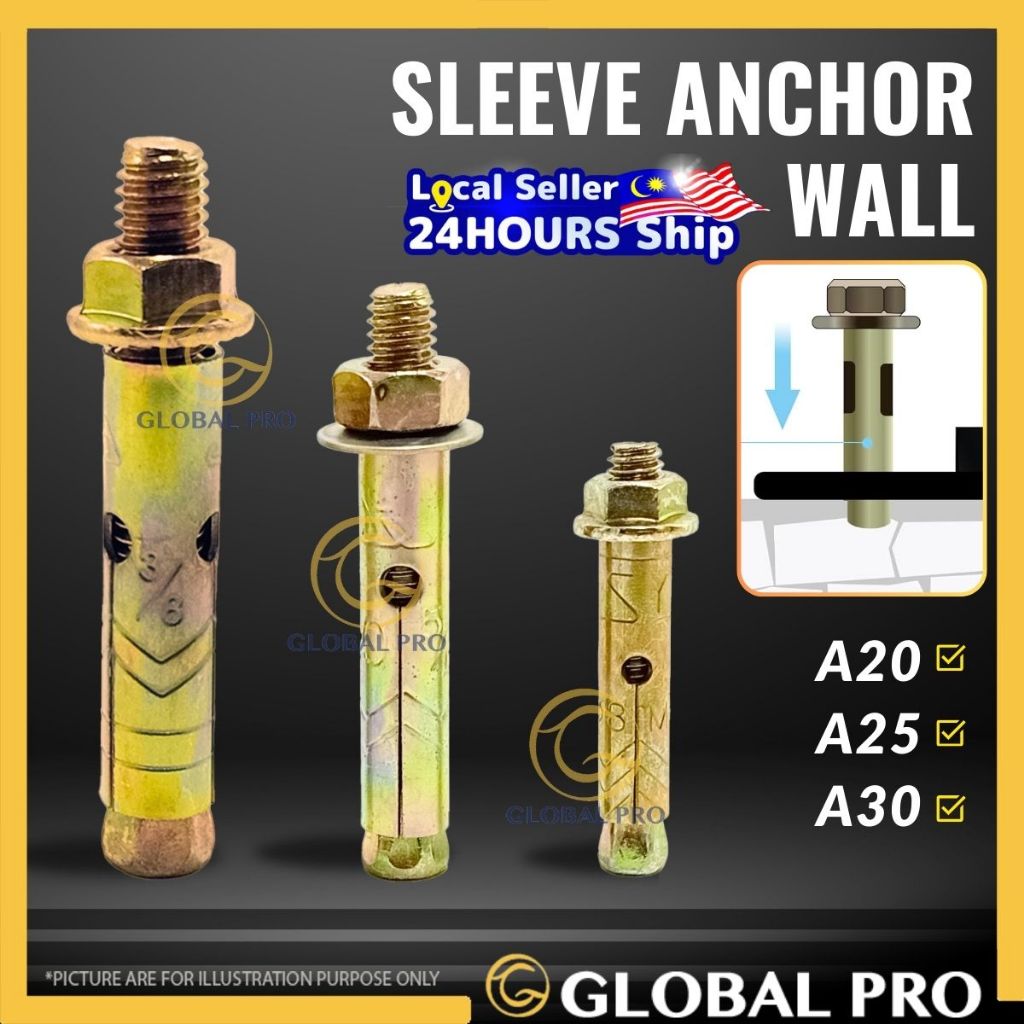 [1PC] A20/A25/A30 PREMIUM Sleeve Anchor Wall Expansion Bolt Iron Plug ...