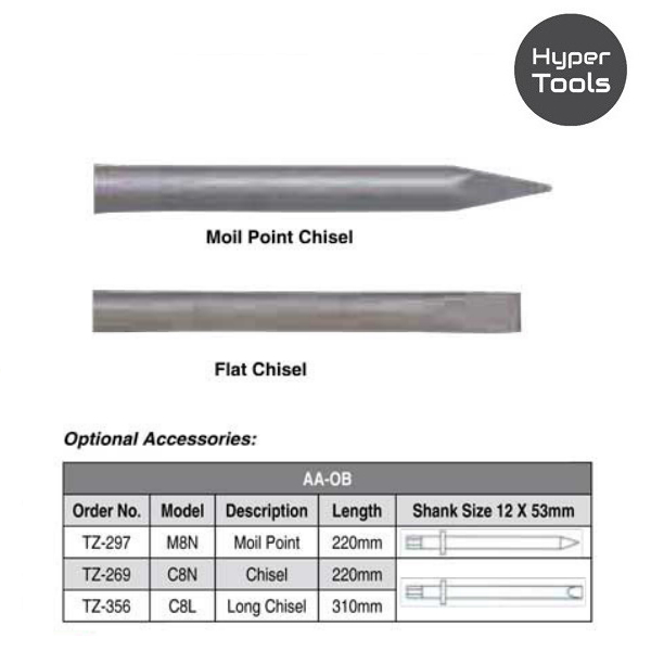 Chisel / Moil Point for TOKU Chipping Hammer AA-OB - Model: M-8N/ M8N/ M-8T/M8T/ C8N/ C-8N ...