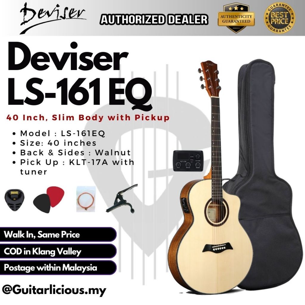 Deviser 40 inch Slim Body Acoustic Guitar with EQ / Pick Up All Natural LS-161-EQ / LS161 Plug ...