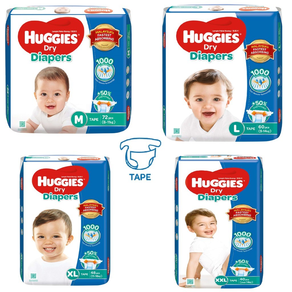 Huggies Dry Tape Diapers NB60/S80/M60/L54/XL46/XXL40 (1 Pack) Absorbent ...