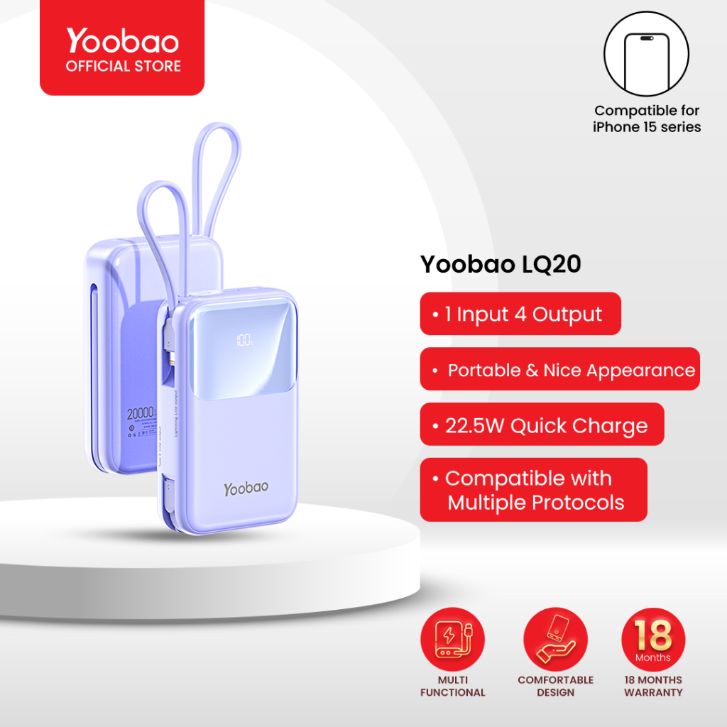 Yoobao LQ20 20000mAh Fast Charge Digital Display PowerBank With Cables ...