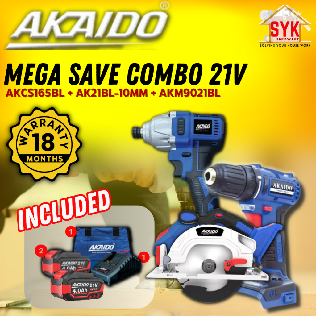 SYK AKAIDO AKCS165BL AK21BL-10MM AKM9021BL 21V MEGA Save Combo Brushless Cordless Impact Drill ...