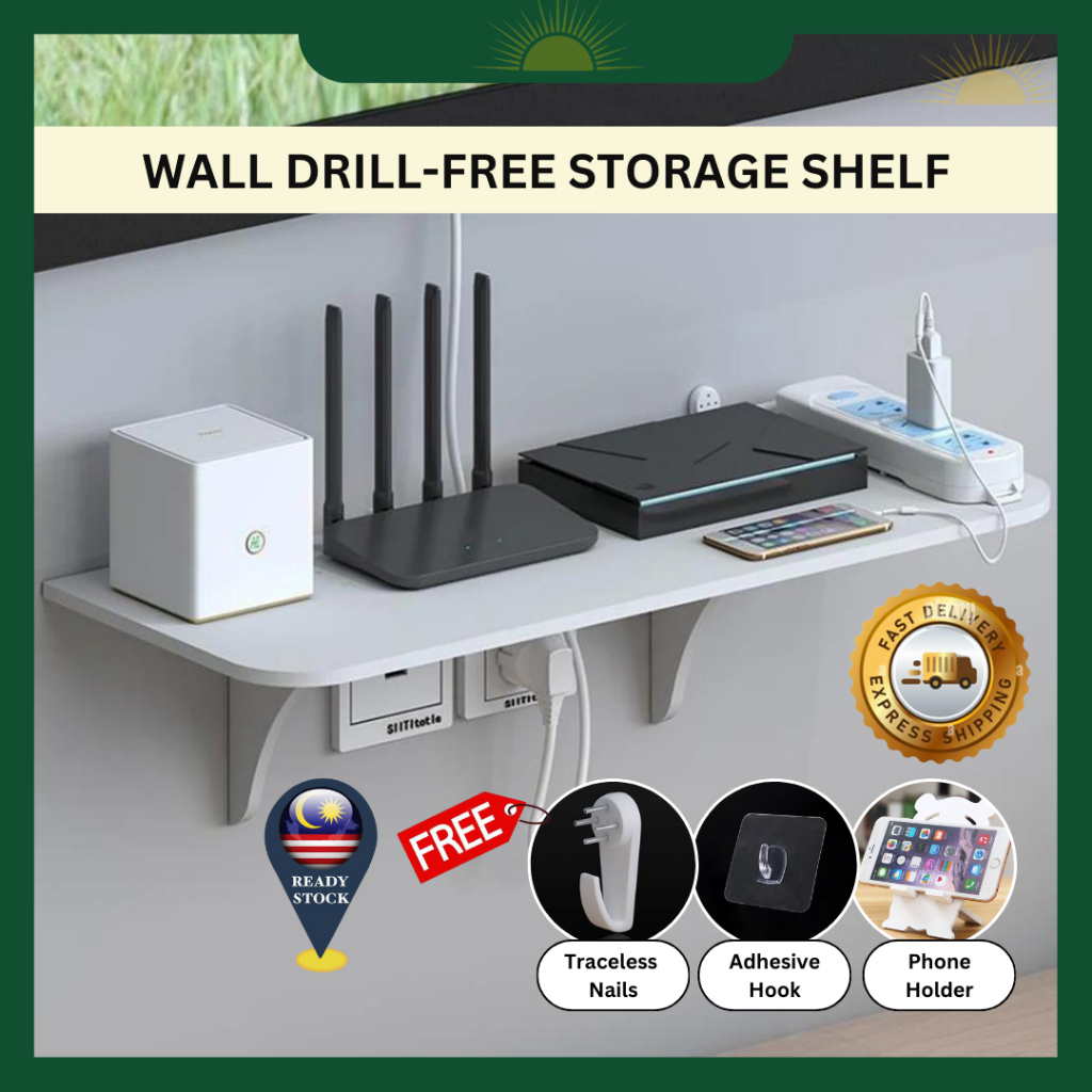 Wall No Drill Storage Tray Space Saving Book Vase Router Extension Rack ...