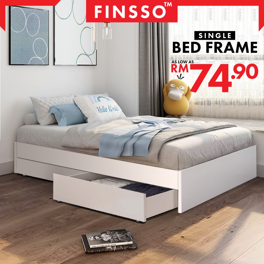 FINSSO : Classic Wooden Single Bed frame with drawers / Pull Out Bed / katil kayu / Bedframe ...