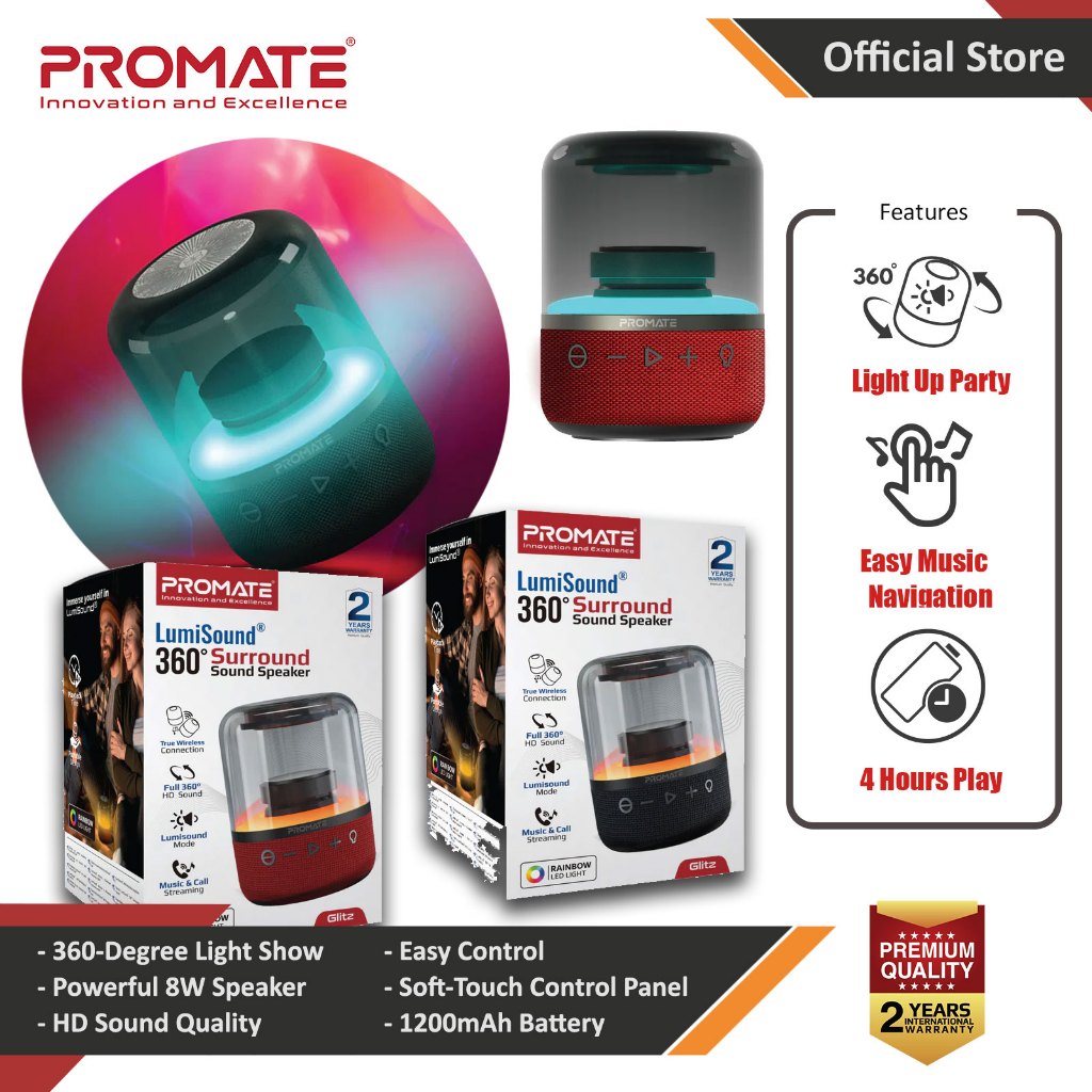 Promate Bluetooth Speaker with TWS 360 HD Surround Sound LED Show and ...