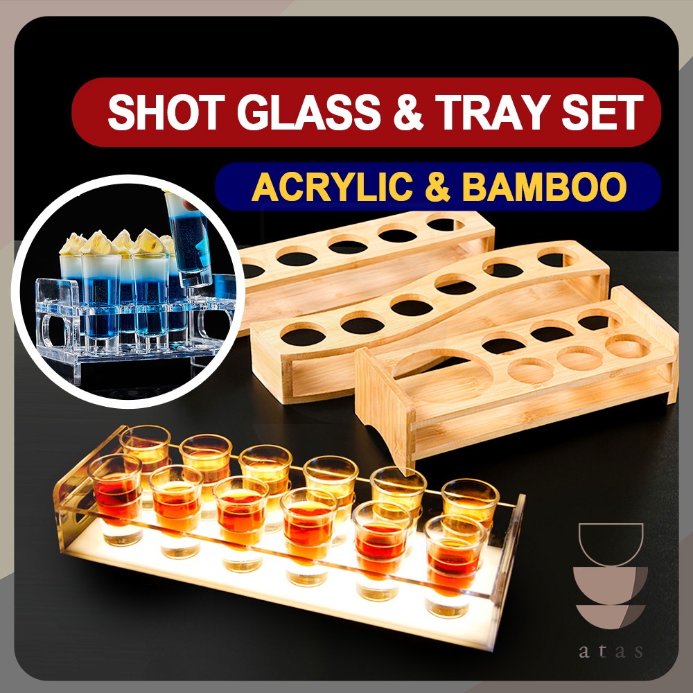[FREE SHOT GLASS] ATAS BAR ACRYLIC WOODEN SHOT TRAY Set 6 12 Holes Wood ...
