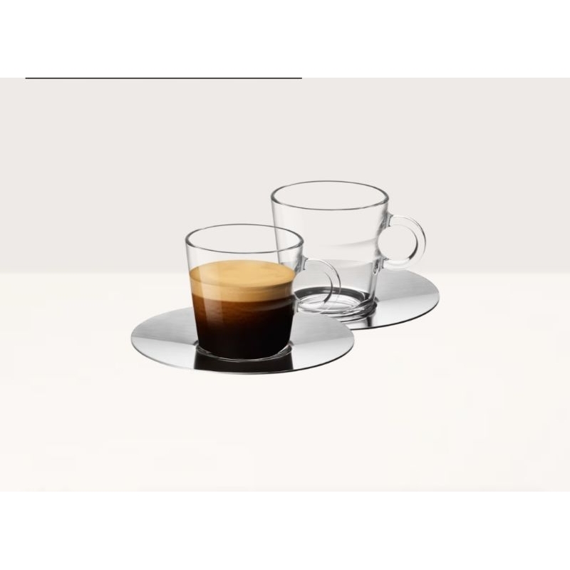 ORIGINAL NESPRESSO SET OF 2 180ML VIEW LUNGO GLASS CUPS STAINLESS STEEL ...