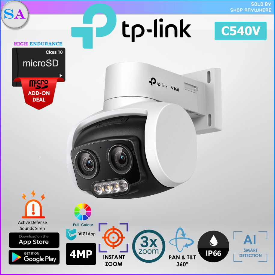 TP-Link VIGI C540V 4MP Outdoor CCTV Full Color Dual Lens Varifocal Pan ...