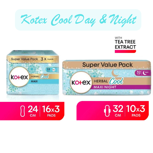 Kotex Herbal Cool Day (24cm) / Overnight Wing Pad (32cm/10's x 3 Packs ...