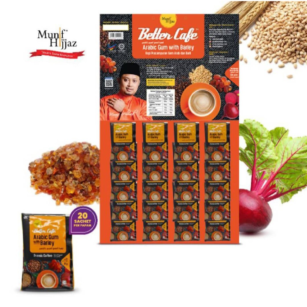 Munif Hijjaz Better Cafe Arabic Gum With Barley Kopi Arabic Gum Barli Papan 20 Sachets X 30g