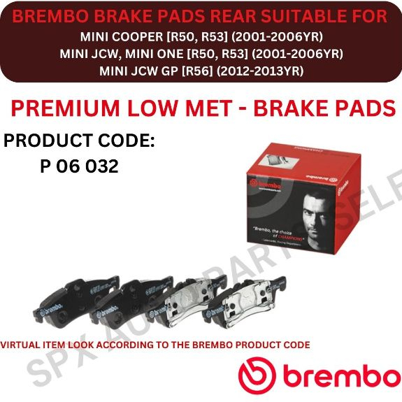 BREMBO GENUINE DISC BRAKE PAD REAR FOR MINI COOPER [R50, R53] '01-06YR ...