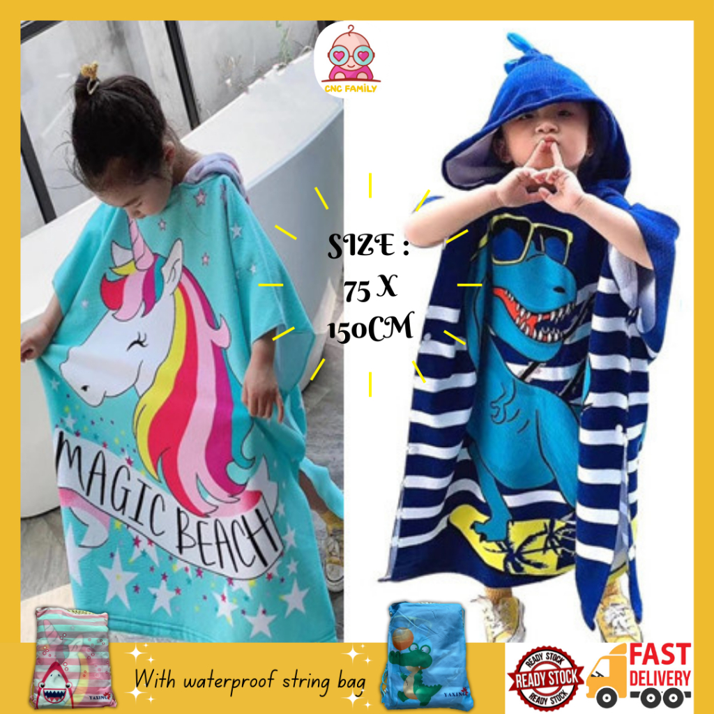 READY STOCK 75 X 150CM Kids Big Size Hooded Towel Cartoon Tuala Cartoon ...