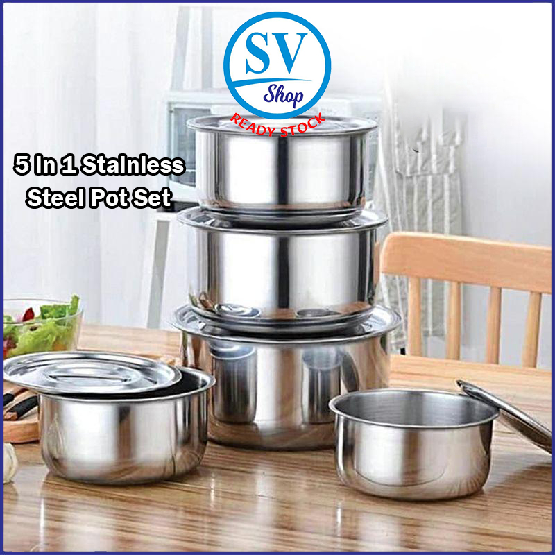 5Pcs Multipurpose Stainless Steel Stock Pot With Lid Food Storage Pot ...