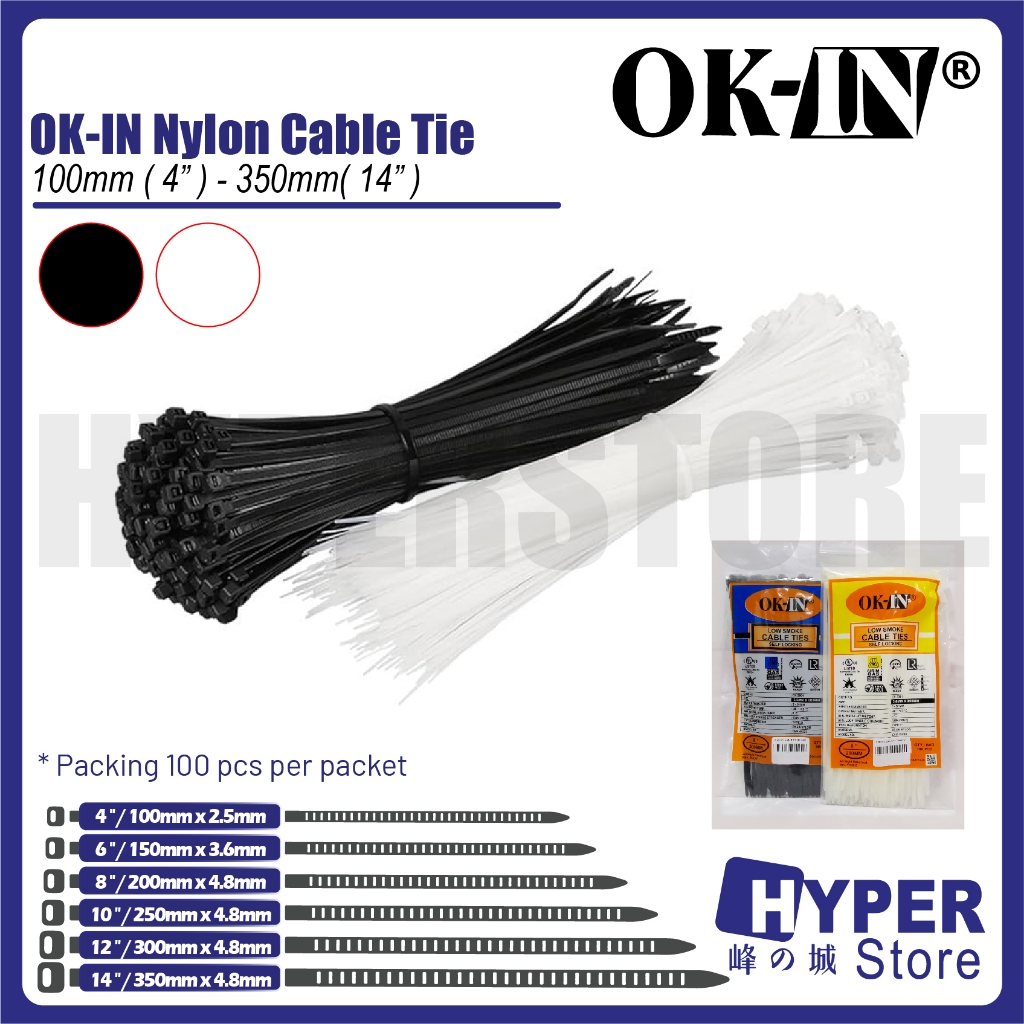 OK-IN Cable Tie Heavy Duty Electrical Cable Tight Black & White 10cm(4 ...