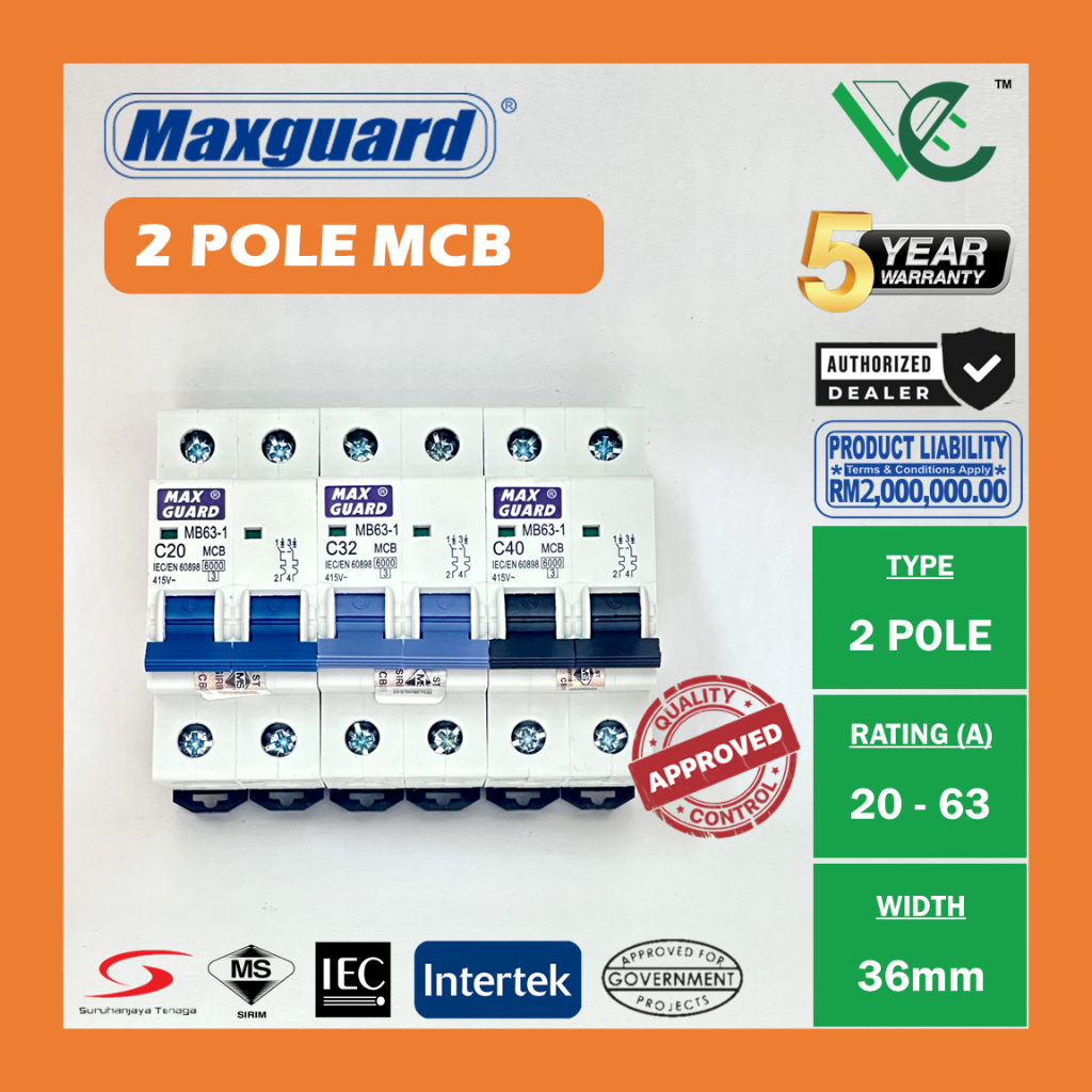MAXGUARD 2 Pole 6KA 20A/32A/40A MCB Miniature Circuit Breakers (SIRIM) | Shopee Malaysia
