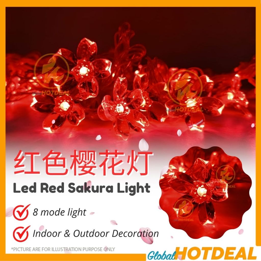 32L Red Sakura LED Decoration Lights 5M Straight Wire Chinese New Year ...