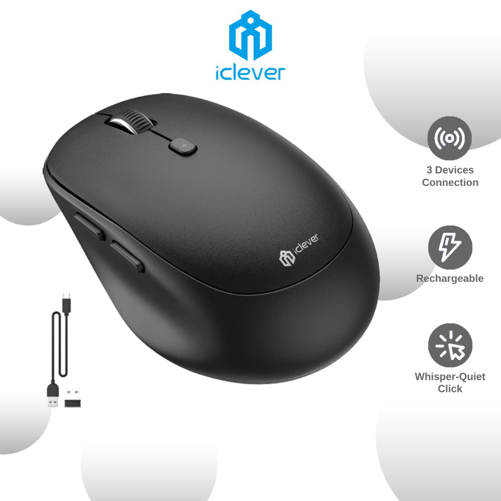 iClever MD165 Dual Mode Wireless Mouse, Bluetooth Type-C Rechargeable, 2.4G Wireless, 3 Device ...