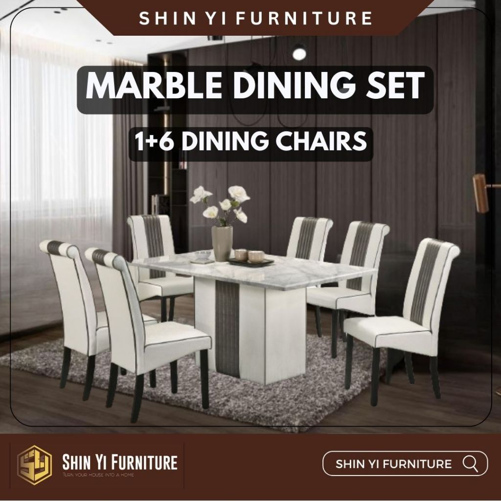[SARAWAK] 1+6 5FT Marble Wooden Dining Set/ 5 Kaki Marble Kayu Meja ...