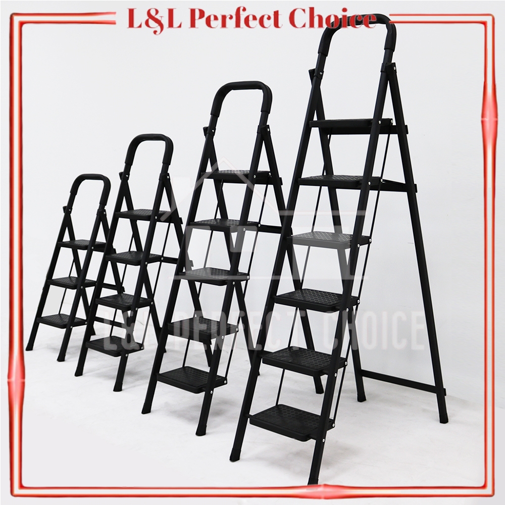 LL PERFECT Black Folding Steel Pipe 3 / 4 / 5 / 6 Wide Step Ladder Foldable Household Indoor ...