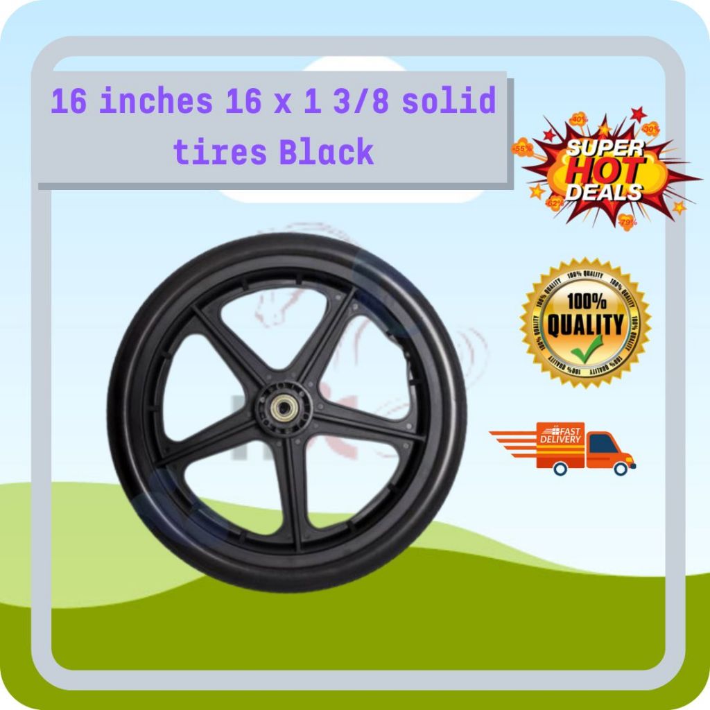 Wheelchair Rear Solid Wheel Black 16inch 16 x 1 3/8 PU Tire Inflation ...