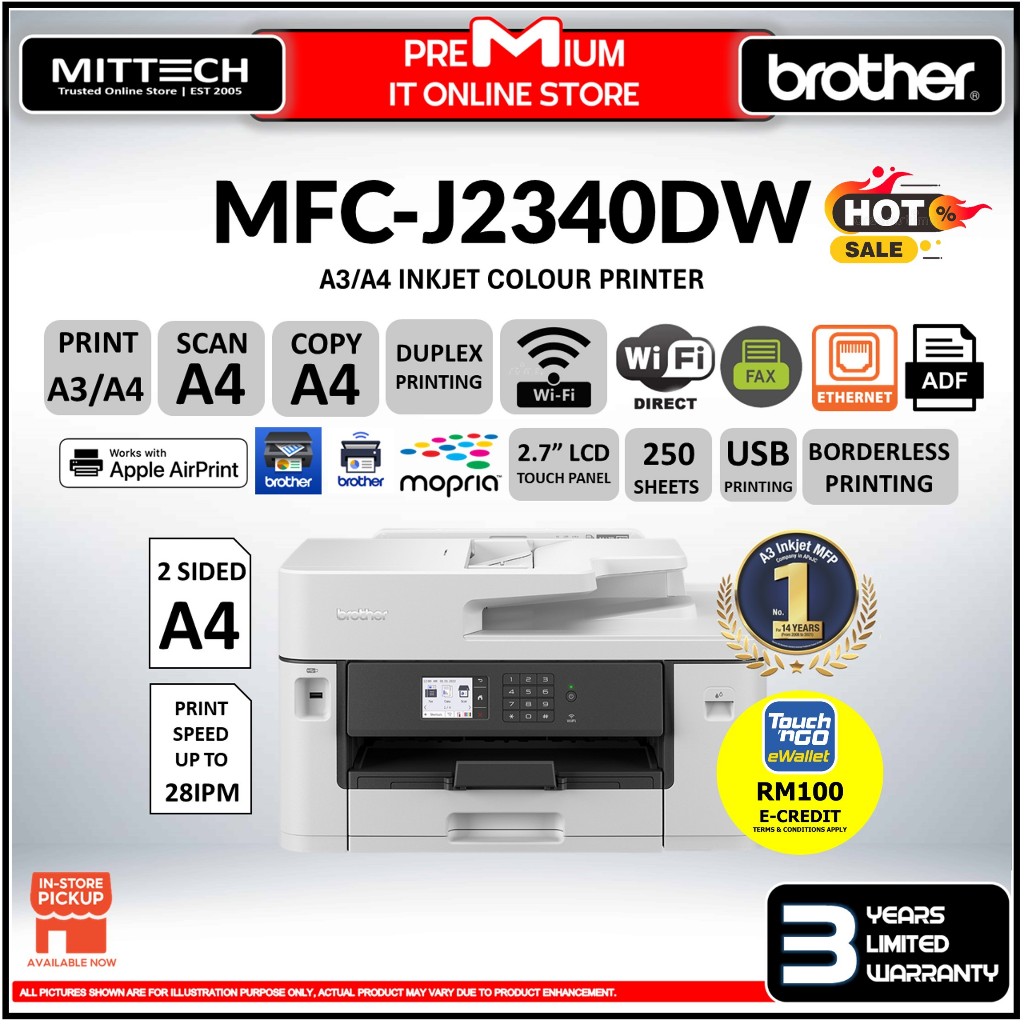 Brother Colour Inkjet Printer MFC-J2340DW A3 A4 All In One Wireless ...