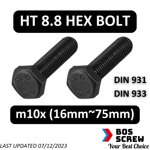 HT Hex Bolt m10 x 16mm ~ 75mm (DIN931,933 Black Oxide) (Coarse Threaded ...